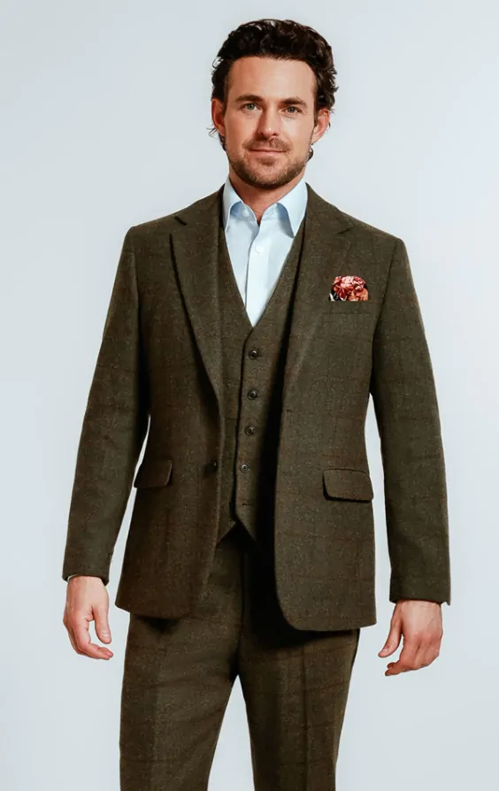 Dobell Tweed Anzug, Grün, Großes Karo, 3-Telig | Dobell